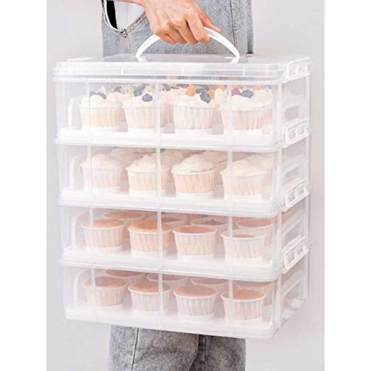 Multi-layer Cupcake Containers Package BOX Cupcake Holders with Lid|Extra Sturdy and Stackable Cupcake Carrier|Cup Cake Transport Portable (4 layers/48 Compartmen, White)