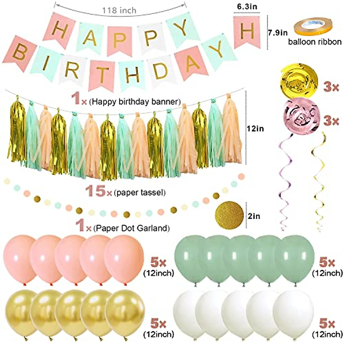 Birthday Party Decorations for Girls Women Her with Happy Birthday Banner,Honeycomb ball,Circle Dots Garland,Hanging Swirls Paper Pompoms,Paper Tassels Garland for Mint Green Gold Peach Birthday Decor