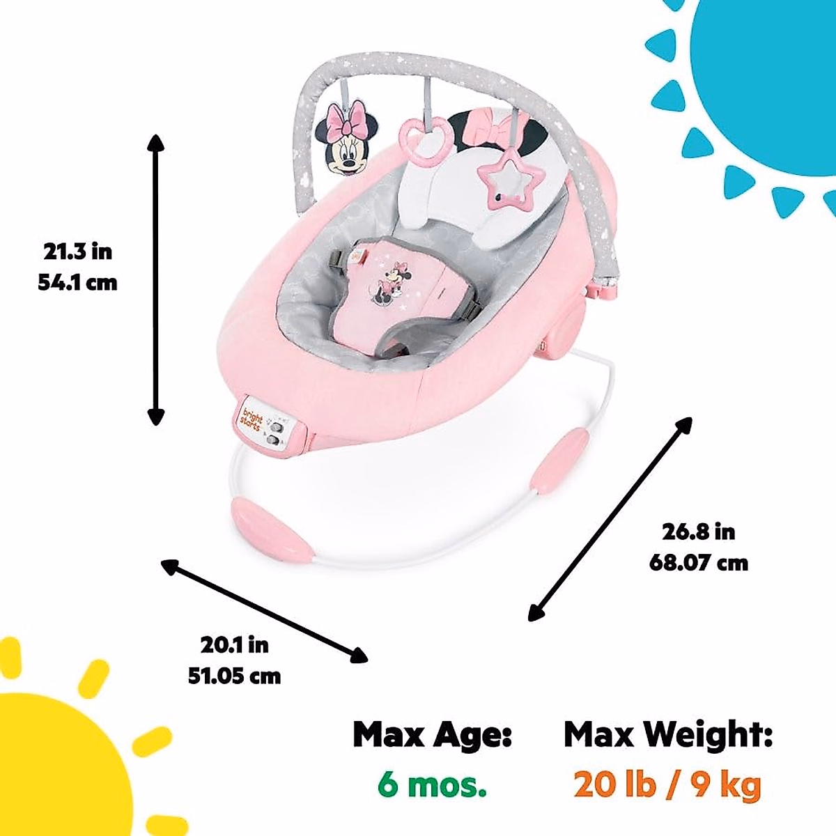 Bright Starts Minnie Mouse Rosy Skies Baby Bouncer with Vibrating Infant Seat, Music & 3 Playtime Toys, 23x19x23 Inch (Pink)