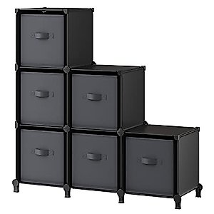SONGMICS Cube Storage Organizer with Storage Boxes, 6-Cube Organizer, 6 Collapsible Non-Woven Fabric Bins, Customizable Shape, Bedroom, Living Room, Space-Saving, Black and Gray ULPC062B01
