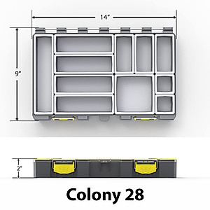 BUZBE Colony 28 Modular, Customizable Waterproof , Dry Box, Plastic Storage Organizer Box, Saltwater Tackle Box, Parts Box, Grey and Yellow