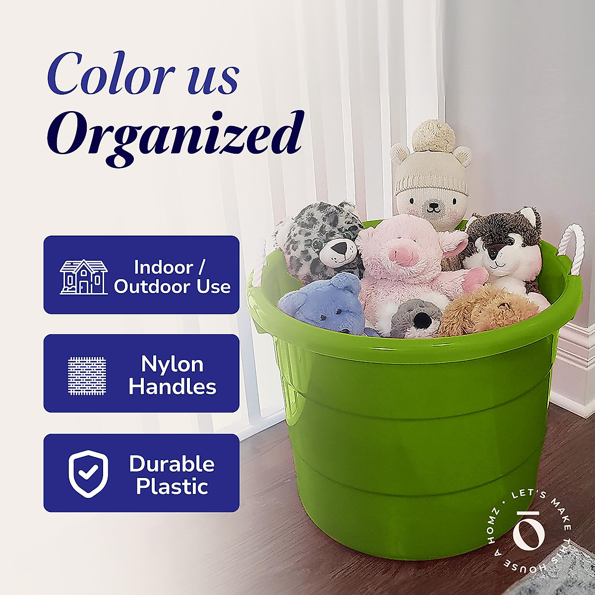 HOMZ 17-Gallon Indoor Outdoor Storage Bucket w/Rope Handles for Sports Equipment, Party Cooler, Gardening, Toys and Laundry, Bold Lime Green (4 Pack)