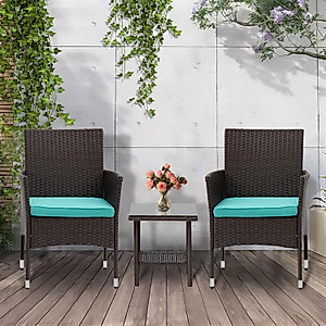 PayLessHere Set of 3 Outdoor Furniture Set Patio Furniture Set Brown Conversation Set with 2 Rattan Chairs Glass Coffee Table for Coffee Bar Poolside Patio Outdoor, Blue Cushions