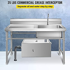 VEVOR 25LB Commercial Grease Trap, 13GPM Commercial Grease Interceptor, Stainless Steel Grease Trap w/Top & Side Inlet, Under Sink Grease Trap for Restaurant Factory Home Kitchen