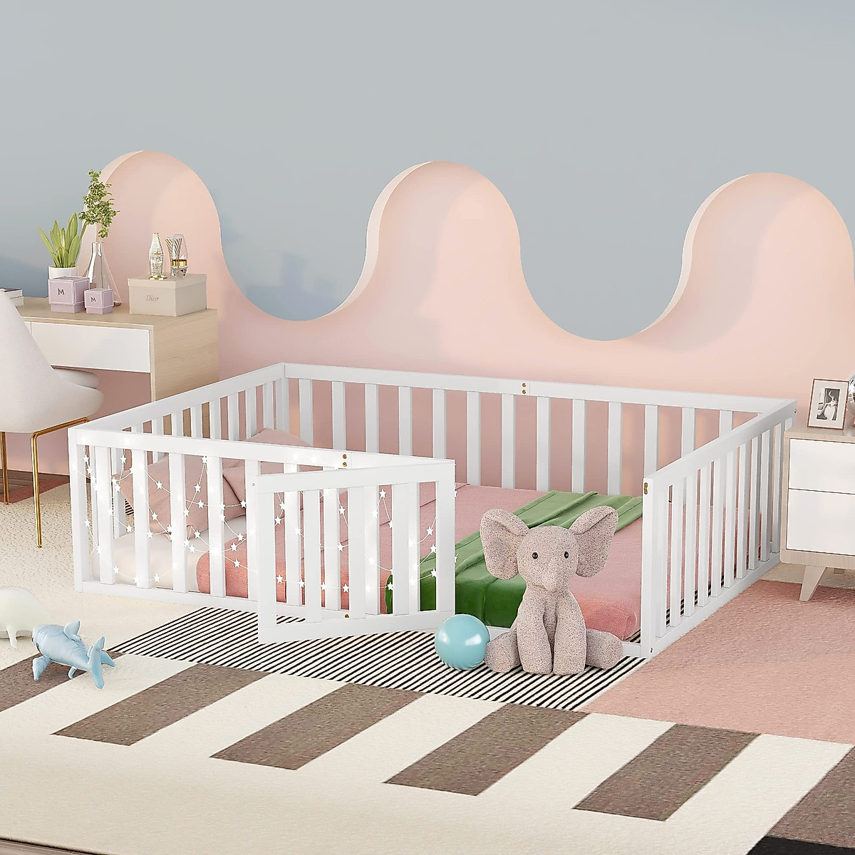 Bellemave Full Size Floor Bed for Kids, Montessori Bed Frame with Fence-Shaped Guardrails and Door, Wooden Floor Full Bed for Kids, Toddler, Boys Girls (White, Full Size)