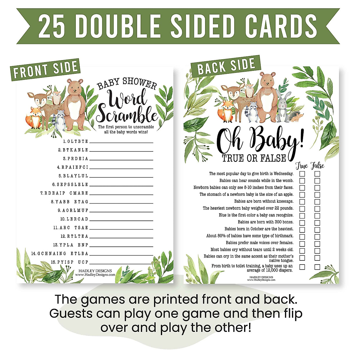 25 Woodland Word Scramble For Baby Shower, 25 True Or False Game, 25 Baby Animal Matching, 25 Nursery Rhyme Game - 4 Double Sided Cards Baby Shower Ideas, Baby Shower Party Supplies