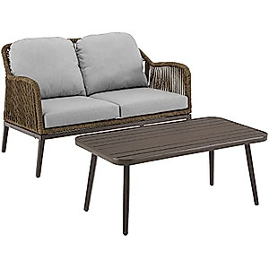 Crosley Furniture CO7360LB-LG Haven Outdoor Wicker 2-Piece Conversation Set (Loveseat, Coffee Table), Light Brown with Light Gray Cushions