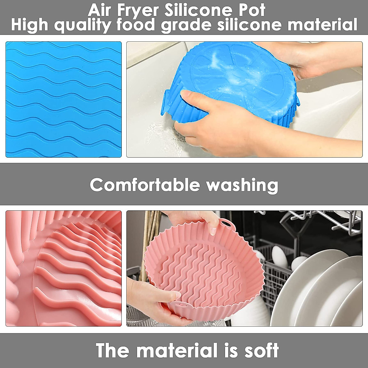 LOMSIOY 2 Pack Air Fryer Silicone Pot Reusable Round Air Fryer Oven Accessories with Handle Silicone Liner Tray Kitchen Accessories 8.4 Inch (Pink Blue)