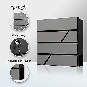 Yoocabinet Mailbox Wall Mount,Large Capacity Locking Mailbox for Outside,Galvanized Steel Cover and Rust-Proof Metal Post Box with Newspaper Holder,14.6"x14.6"x4.3" Silver,MD025S