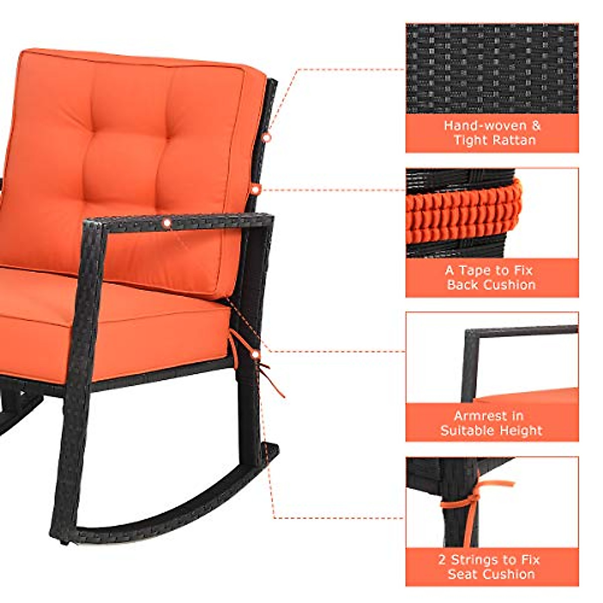 Tangkula Wicker Rocking Chair, Outdoor Glider Rattan Rocker Chair with Heavy-Duty Steel Frame, Patio Wicker Furniture Seat with 5” Thick Cushion for Garden, Porch, Backyard, Poolside (1, Orange)