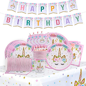 Rainbow Unico Party Supplies Set - Serves 25 - Including Unico Banner, Plates, Cups, Napkins, Straws and Tablecloths