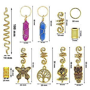 125 Pcs Dreadlocks Loc Hair Jewelry for Women Braids Hair, Crystal Gemstone Pendant Hair Accessories, Gold and Colorful Hair Rings for Braids, Cute Hair Pendants Butterfly Rose Shell and Snake