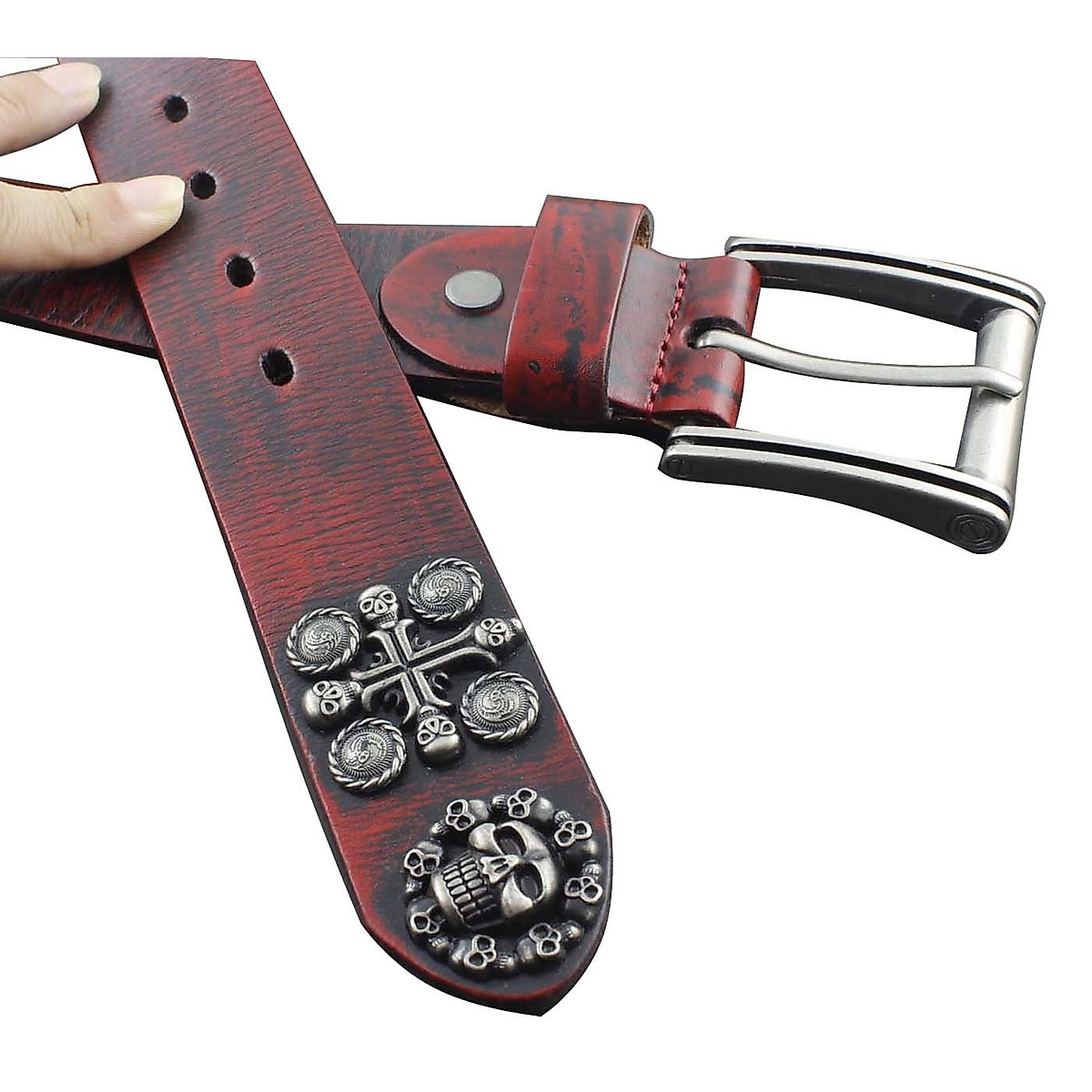 vogueteen Mens Goth Skull Cross Vintage Red Genuine Leather Belt Biker Rock One Size