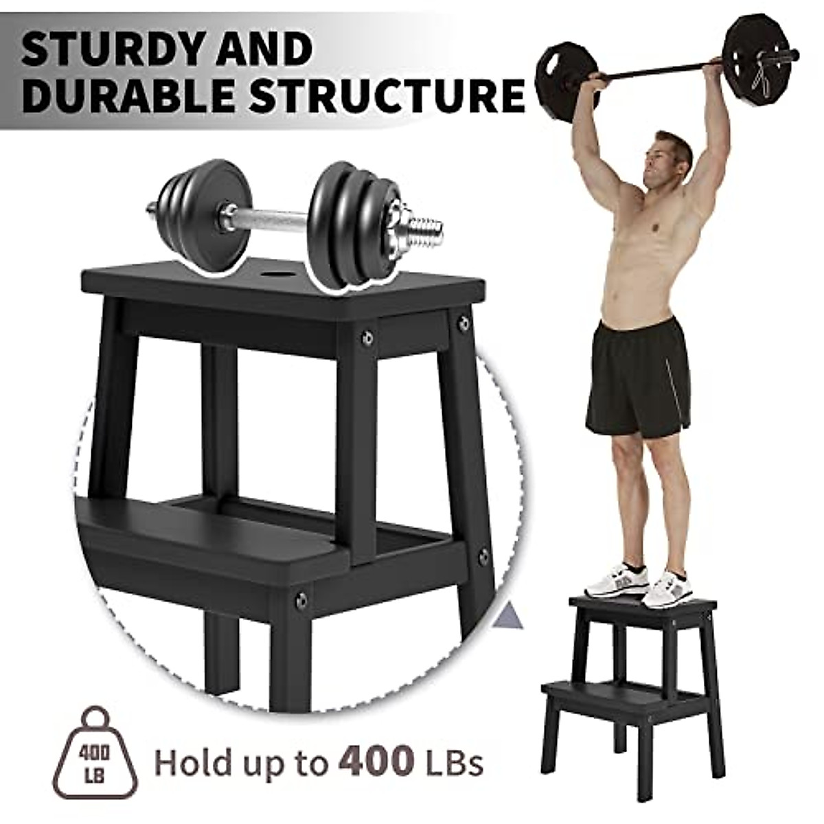 HOUCHICS Wooden Step Stool for Adults with 400lb, Wood Step Stool,Adults Step Stool, Step Stool for Bedside Step Helper for Kitchen,Bathroom,Bedroom (Black)