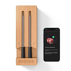 Paris Rhône 263ft Smart Meat Thermometer, Wireless Meat Thermometer, Food Thermometer with Smart Alert, IP67 Waterproof, Dishwasher Safe for The Grill, Kitchen, Garden, Rotisserie (Bamboo/2 Probes)