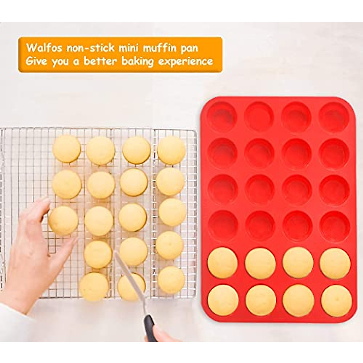 Walfos Silicone Cupcake Pan Set, 2-Piece Mini 24 Cups Muffin Baking Pan, BPA Free and Dishwasher Safe, Non-stick , Great for Making Muffin Cakes, Fat Bombs