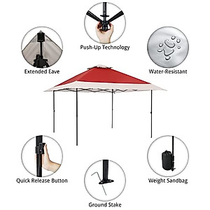 Suntime 13x13 Instant Pop Up Canopy Gazebo Tent Shelter with Wheeled Roller Carry Bag, Bonus Weight Sandbags, Stakes, Ropes - Red
