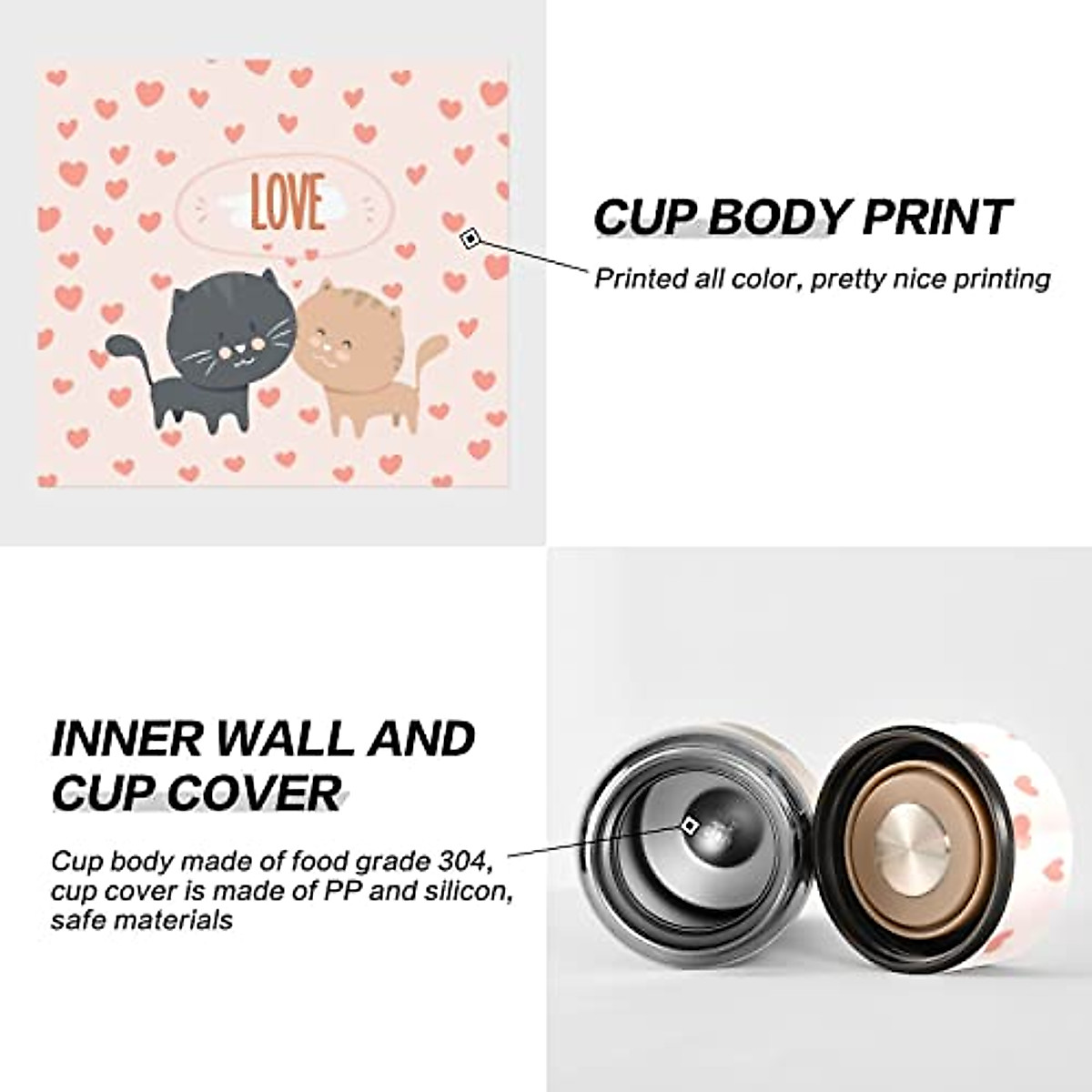 CaTaKu Love Cats Cute Water Bottle Insulated 16 oz Stainless Steel Flask Thermos Bottle for Coffee Water Drink Reusable Wide Mouth Vacuum Travel Mug
