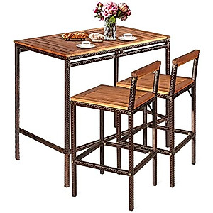 HAPPYGRILL 3-Pieces Outdoor Wicker Rattan Bar Set, Acacia Wood Patio Dining Furniture Set with 2 Chairs for Poolside Backyard Patio Balcony