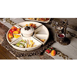 Gerson Cream Ceramic Lazy Susan Crudite With Acanthus Leaf Metal Base