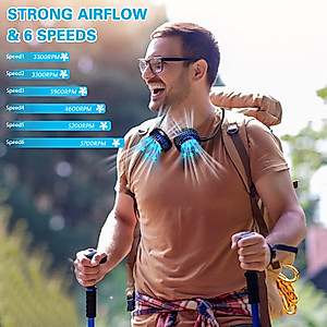zoolb 10000mAh Neck Fan, Portable Fan for Climbing, Hiking, Battery Operated Rechargeable USB Fan for Neck, 6 Speeds Personal Fan, Lightweight Sports Necklace Fan with 48hrs Duration