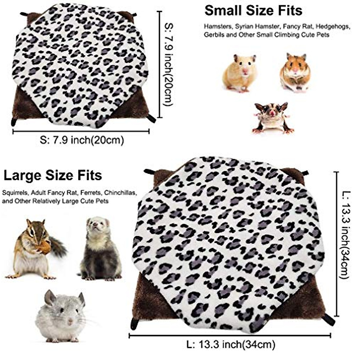 ELEpure Small Animal Pet Hanging Hammock for Cage, Leopard Print Double Bunkbed Hammock for Ferret Hamster Parrot Guinea Pig Chinchilla Flying Squirrel Sleeping Playing (S: 7.9x7.9/20x20cm, Grey)