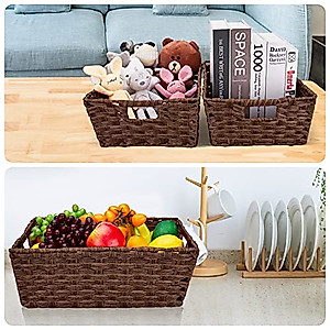 Onlytak Large Wicker Storage Basket, Metal Frame, Set of 2, Washable Waterproof, 15" x 10.3" x 5.2", Brown Color, Woven Basket for Pantry, Toilet, Bathroom, Bedroom, Patio