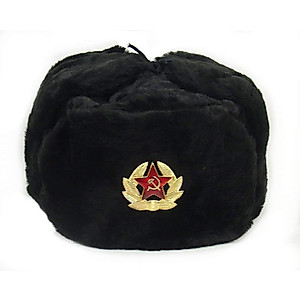 Russian Soviet Army Fur Military Cossack Ushanka Winter Hat (Black, 59(L))
