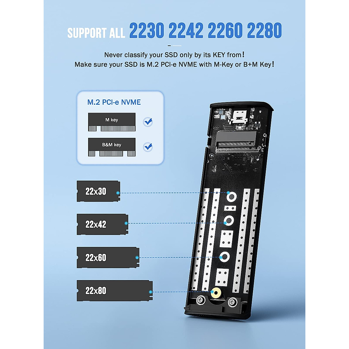 Lemorele M.2 NVMe SSD Enclosure Tool Free USB C External PCIe B+M/M-Key Hard Drive Enclosure 10Gbps USB 3.1 Gen 2 M.2 Reader Support Max 2TB w/UASP Trim, for 2230/2242 /2260/2280 SSDs, Aluminum