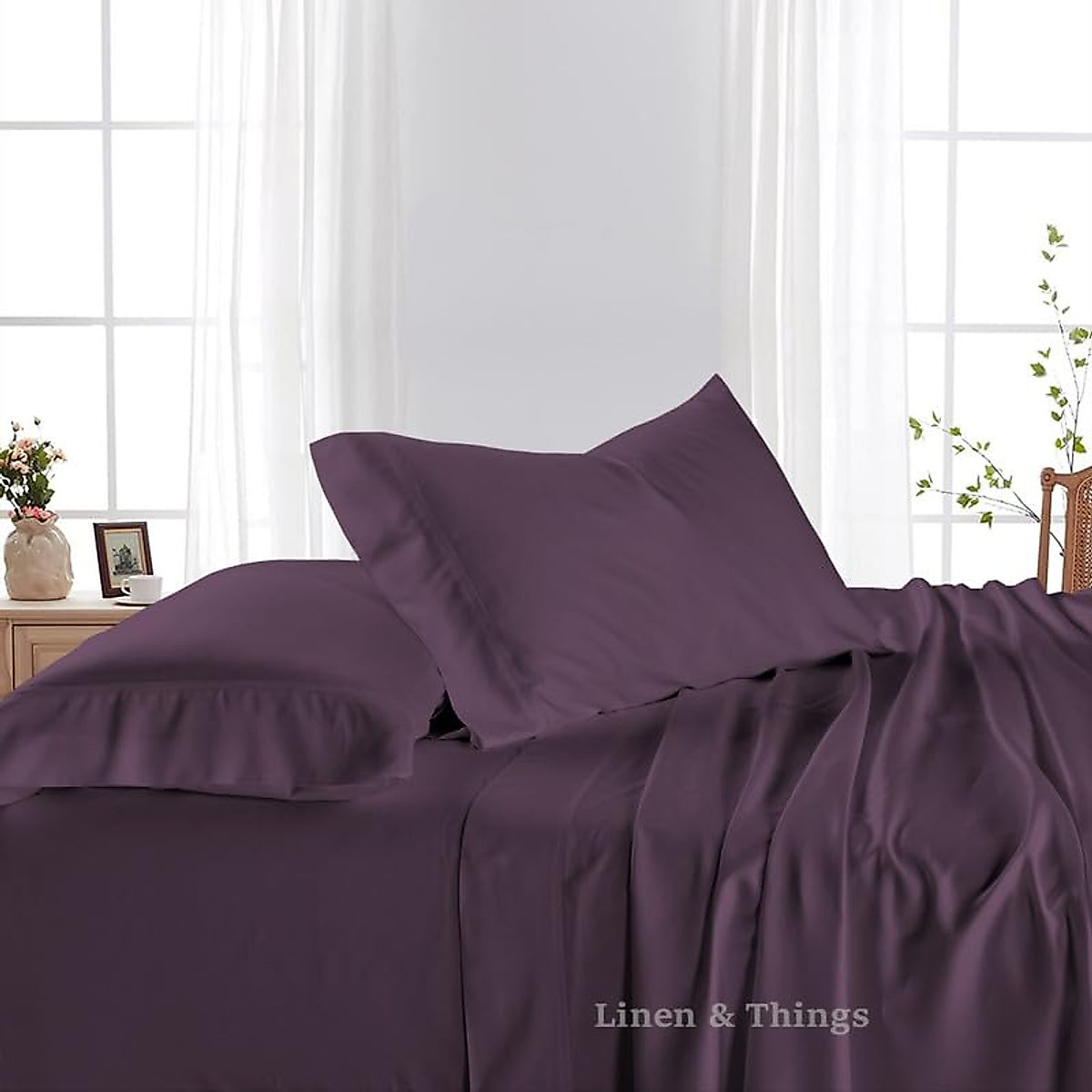 Luxury Soft 4 Piece Sheet Set, 800 Thread Count Egyptian Cotton - Queen Size Bed Sheet Set, Super Soft Sateen Weave, Fit Mattress 15'' Deep Pocket - Plum Solid