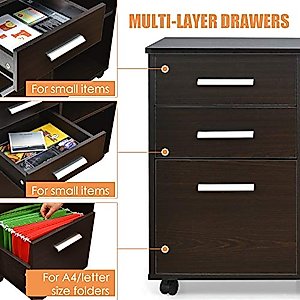 Giantex 3-Drawer File Cabinet, Mobile Lateral Filing Cabinet with Wheels, Large Printer Stand with 3 Drawers and Open Storage Shelves, Multifunctional Storage Cabinet for Home Office (Espresso)