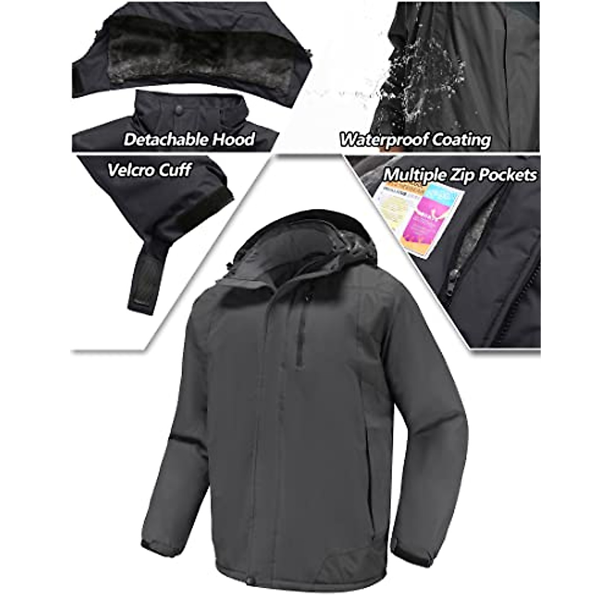Purltoan Rain Jacket Men Winter Mountain Snow Skiing Raincoats Windproof Water Resistant Soft Shell Fleece Tactical Coat Darkgrey 3XL