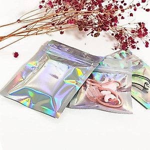 100Pcs Clear Front Glitter Holographic Zip Lock Bags Iridescent Pouches Food Packing Packaging Pouches Bags Storage Pouches Bags Silver 3.3x5.1in (8.5x13cm)