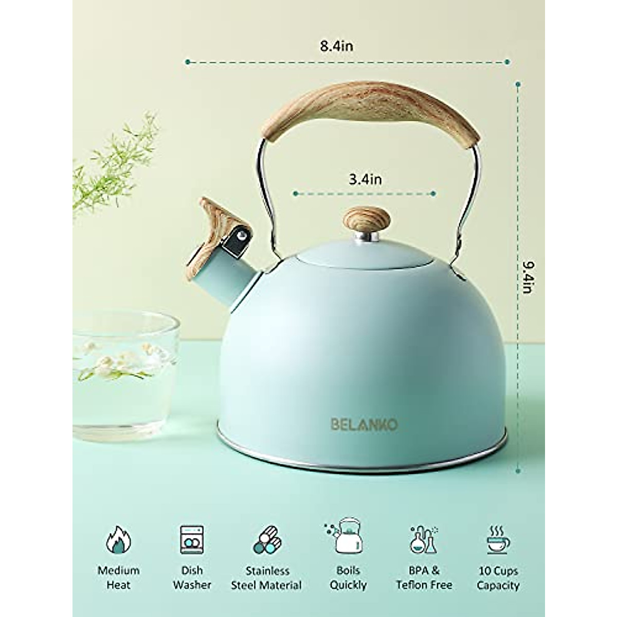 Tea Kettle, BELANKO 85 OZ / 2.5 Liter Whistling Tea Kettle, Tea Pots for Stove Top Food Grade Stainless Steel with Wood Pattern Folding Handle, Loud Whistle Kettle for Tea, Coffee, Milk - Turquoise