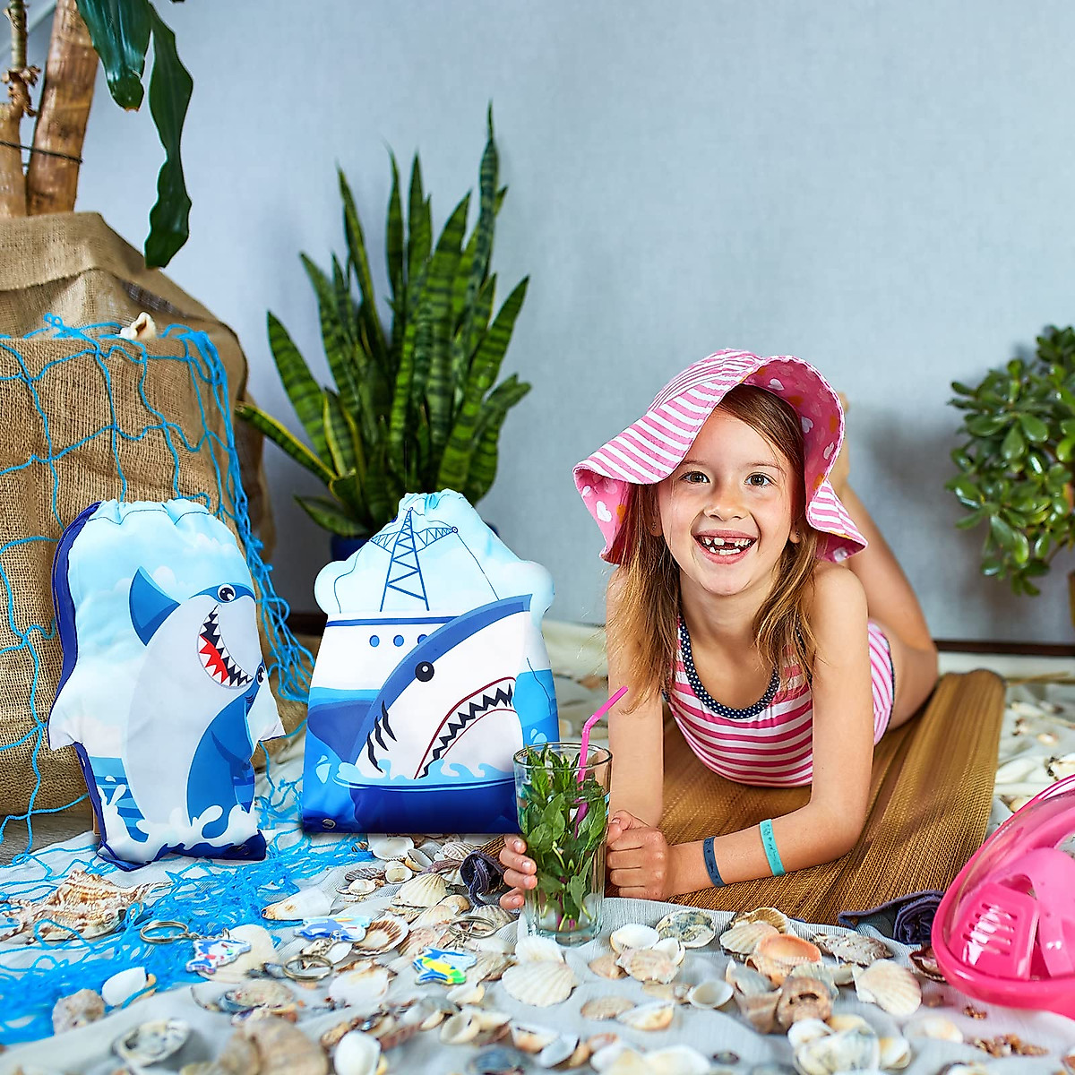 Talltalk 48 Pcs Shark Party Supplies Blue Ocean Pool Party Favor with 16 Pcs Shark Party Drawstring Bag Goodie Bags 16 Shark Wristband 16 Shark Keychain for Shark Birthday Party Supplies Decorations