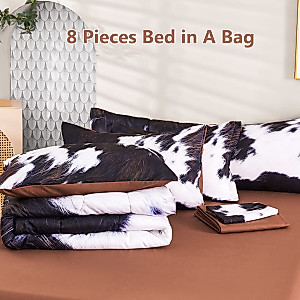 SUCSES Cow Print Comforter Set Queen Size, 8Pcs Cow Fur Print Bed in A Bed, Western Highland Cowhide Bedding Sets with Comforter and Sheets, Super Soft Farmhouse Style Bed Quilt Set for Teens Boys