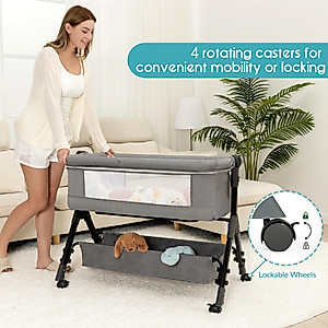 3 in 1 Baby Bassinet Bedside Sleeper, Bedside Crib for Baby, Adjustable Baby Bassinet with Wheels, Storage Basket, Mattress, Easy Assemble & Folding Portable Baby Cradle (Grey)