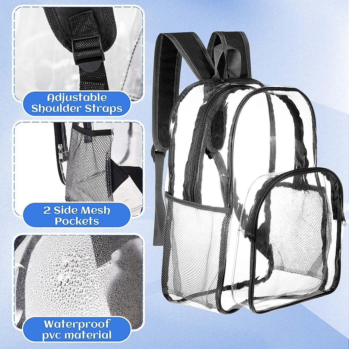 6 Pcs Clear Backpack for Stadium Approved Heavy Duty Clear Bookbags Rugby Game Transparent See Through Backpacks for Stadium Waterproof Concert Sports Work School Security