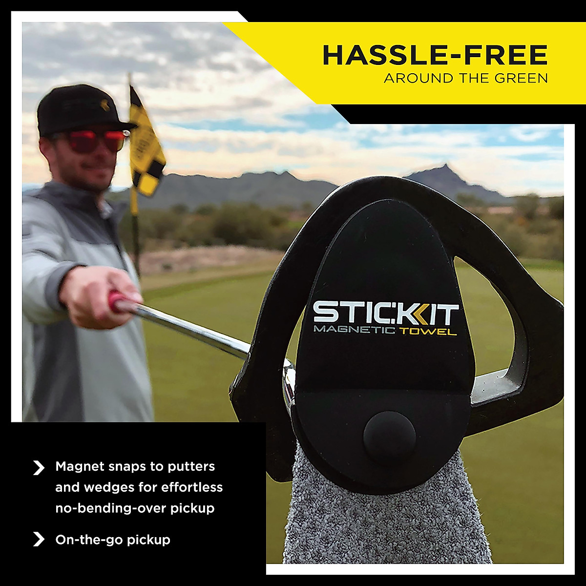 STICKIT Magnetic Golf Towel, Premium 29" Microfiber with Deep Waffle Pockets, Industrial Strength Magnet for Secure Hold to Golf Carts & Clubs, Ultra-Absorbent, Fast-Drying, Easy-Clean Design