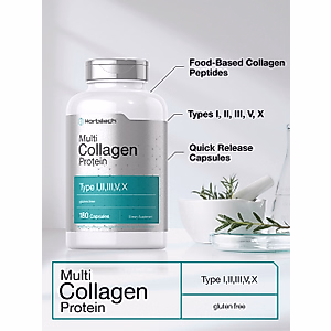 Horbäach Multi Collagen Protein 2000 mg | 180 Capsules | Type I, II, III, V, X | Keto & Paleo Friendly, Gluten Free Supplement