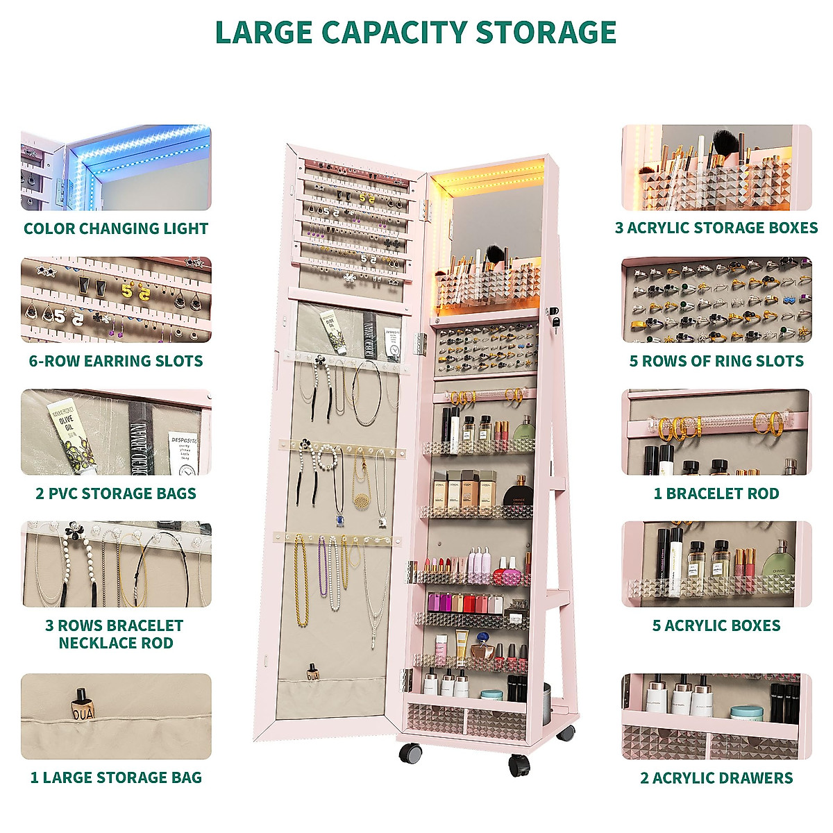 YITAHOME Mirror Jewelry Cabinet with Lights Standing Jewelry Armoire Storage Rotatable Full Length Mirror Jewelry Organizer Lockable Jewelry Armoire with Wheels for Bedroom, Cloakroom, Pink