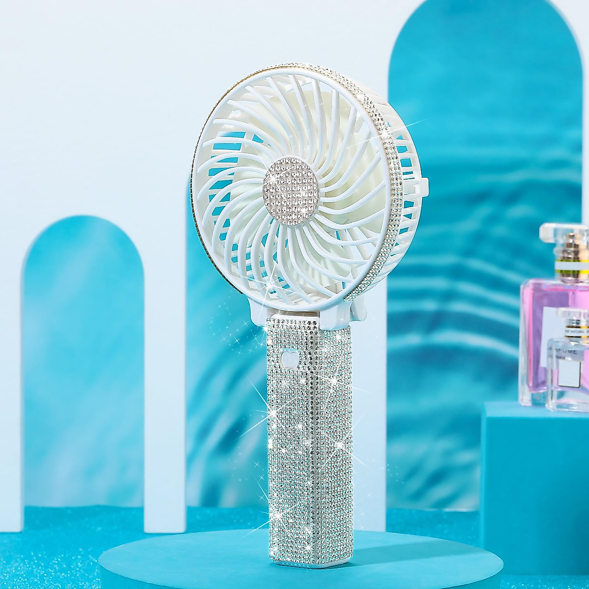 Mudder Crystal Bling Rhinestone Mini Handheld Fan Portable Usb Rechargeable Fan Battery Operated Small Folding Personal Fan for Girls Women Outdoor Travel Indoor Makeup Office (White,Classic Style)