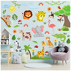 YLTPAJK Animal Wall Stickers for Kids, Cartoon Zoo DIY Art Self-Adhesive Removable Animal Wall Decals for Living Room Baby Nursery Classroom Kindergarten Wall Decor