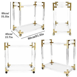VLOBAOM Gold Bar Cart on Wheels, Clear Acrylic Serving Cart for Home, Mobile Storage Shelf, Rolling Drink Trolley for Living Room, Kitchen, Hotel,80x40x80cm,Gold
