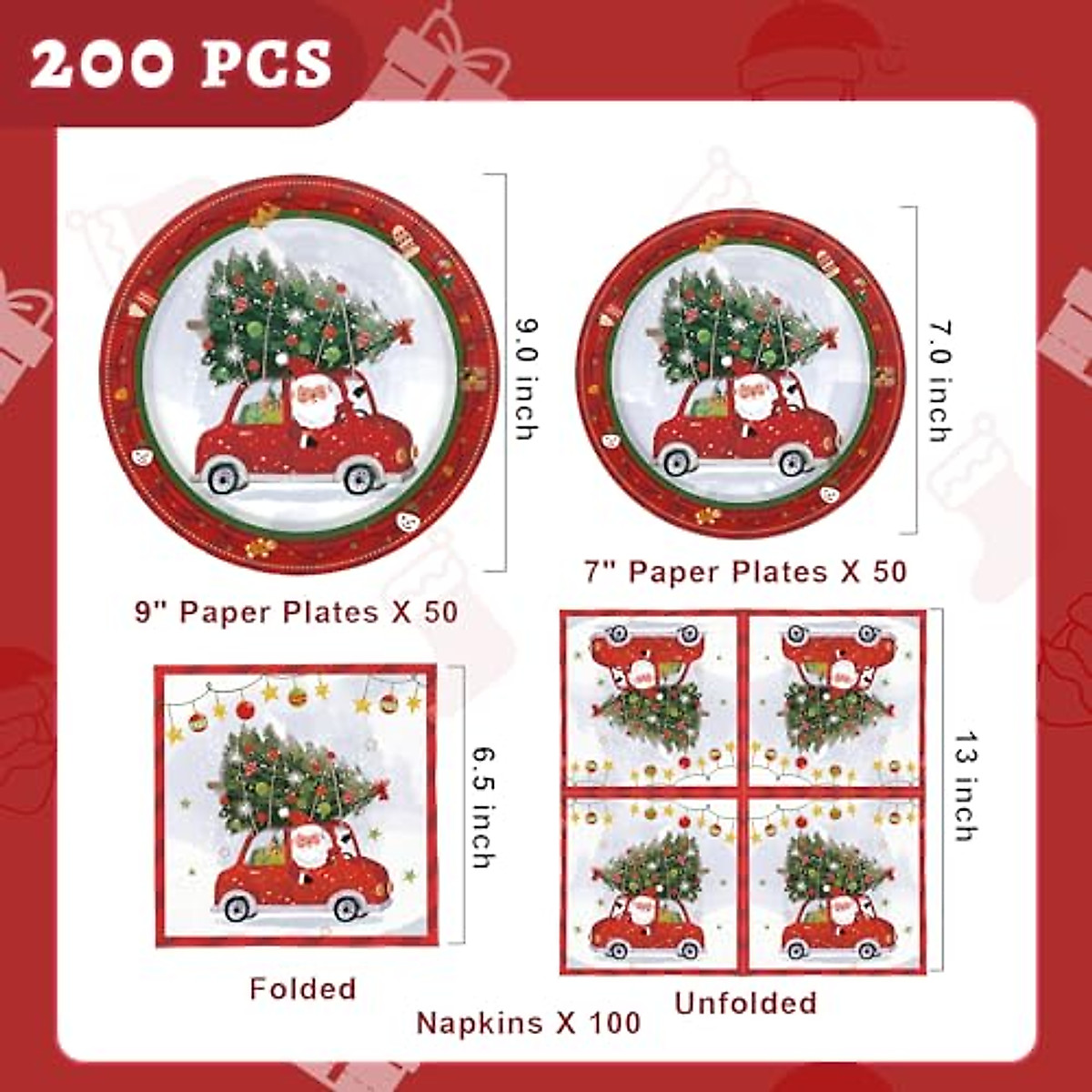 Homlouue 200 Pcs Christmas Paper Plates and Napkins, Santa Claus Car Red and White Plates and Napkins Disposable, Christmas Dinner Serves 50 Guests, Party Table Decorations