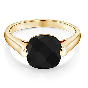 Gem Stone King 18K Yellow Gold Plated Silver Black Onyx Ring For Women (3.60 Cttw, Cushion Checkerboard 10MM, Gemstone Birthstone, Available In Size 5, 6, 7, 8, 9)