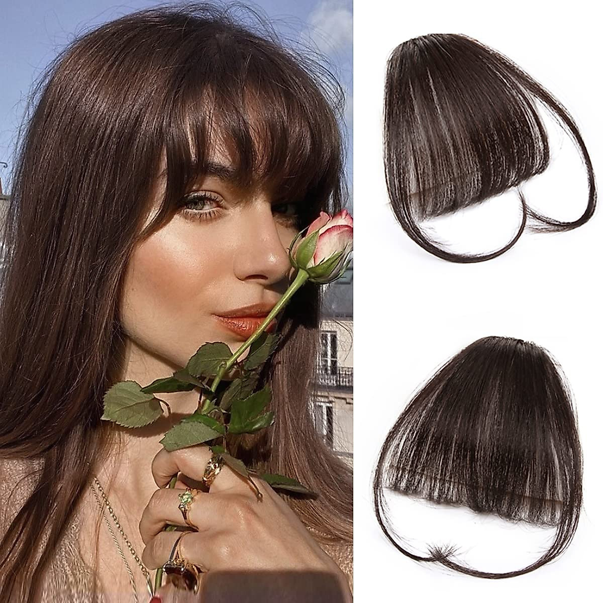 NEHAJUNXI Bangs Hair Clip in bangs 100% Human Hair Extensions Dark Brown Wispy Bangs Clip on Bangs for Women Fringe with Temples Hairpieces Curved Bangs for Daily Wear (Wispy Bangs, Dark Brown)