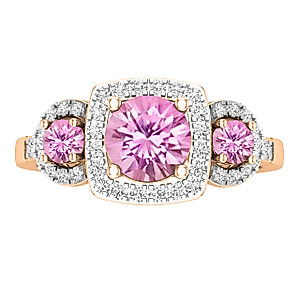 Dazzlingrock Collection Round Lab Created Pink Sapphire & Natural White Diamond Women 3 Stone Halo Style Engagement Ring, 10K Rose Gold, Size 7