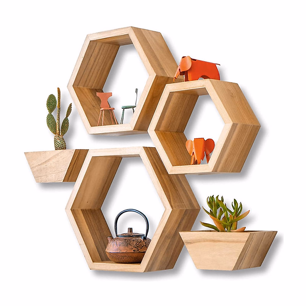 CYYZB Hexagon Floating Shelves,Set of 5 Honeycomb Shelves for Wall,Rustic Brown Wood Farmhouse Storage Home Decor Shelf,Wall Mounted Wooden Hexagonal Shelves for Bedroom Living Room