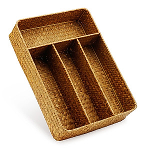 Seagrass Storage Basket with Compartments Utensil Tray for Organization Silverware Flatware Rectangular Shelf Baskets with 4 Sections